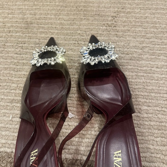 Zara | Shoes | Zara Burgundy Heels Sling Backs With Embellishment ...